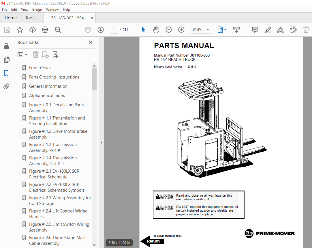 BT Prime-Mover RR-45Z REACH TRUCK Parts Manual - PDF DOWNLOAD