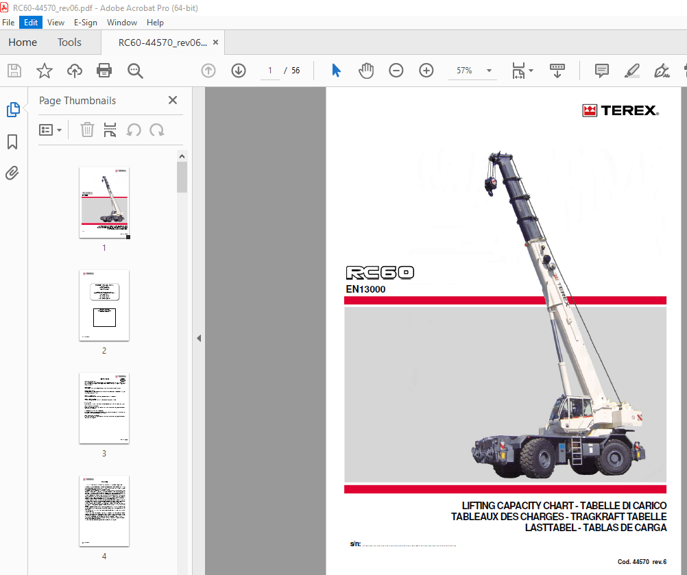 Terex Crane RC60 EN13000 Lifting Capacity Chart Manual 44570 – PDF DOWNLOAD