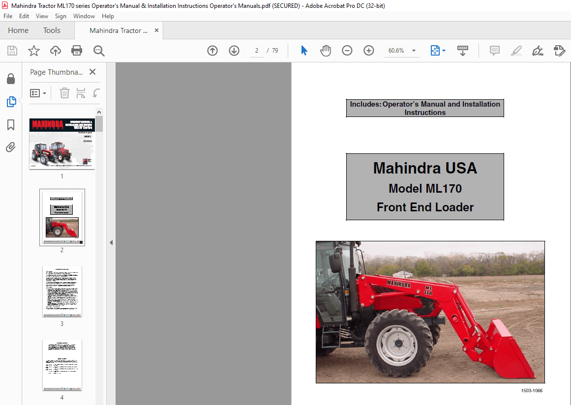 Mahindra Tractor’ML170′ Series Installation Instructions Operator’s Manual – PDF DOWNLOAD