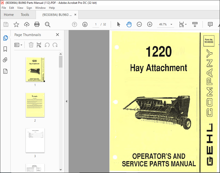Gehl 1220 Hay Attachment OPERATOR’S AND SERVICE PARTS MANUAL(904335 ...