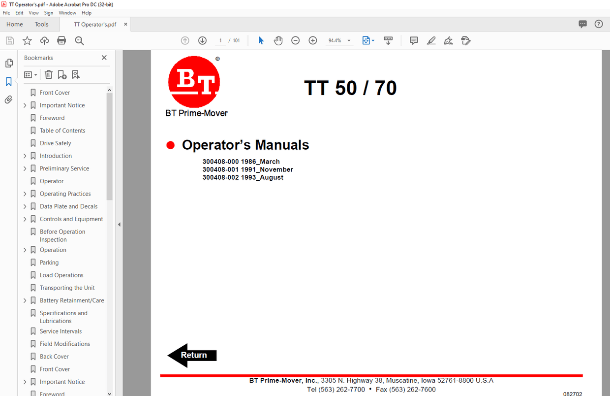 BT Prime-Mover Forklift TT 50 70 Operator’s Manual – PDF DOWNLOAD