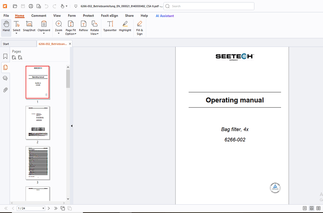 Seetech 6266-002 Bag filter, 4x Operating manual - PDF DOWNLOAD