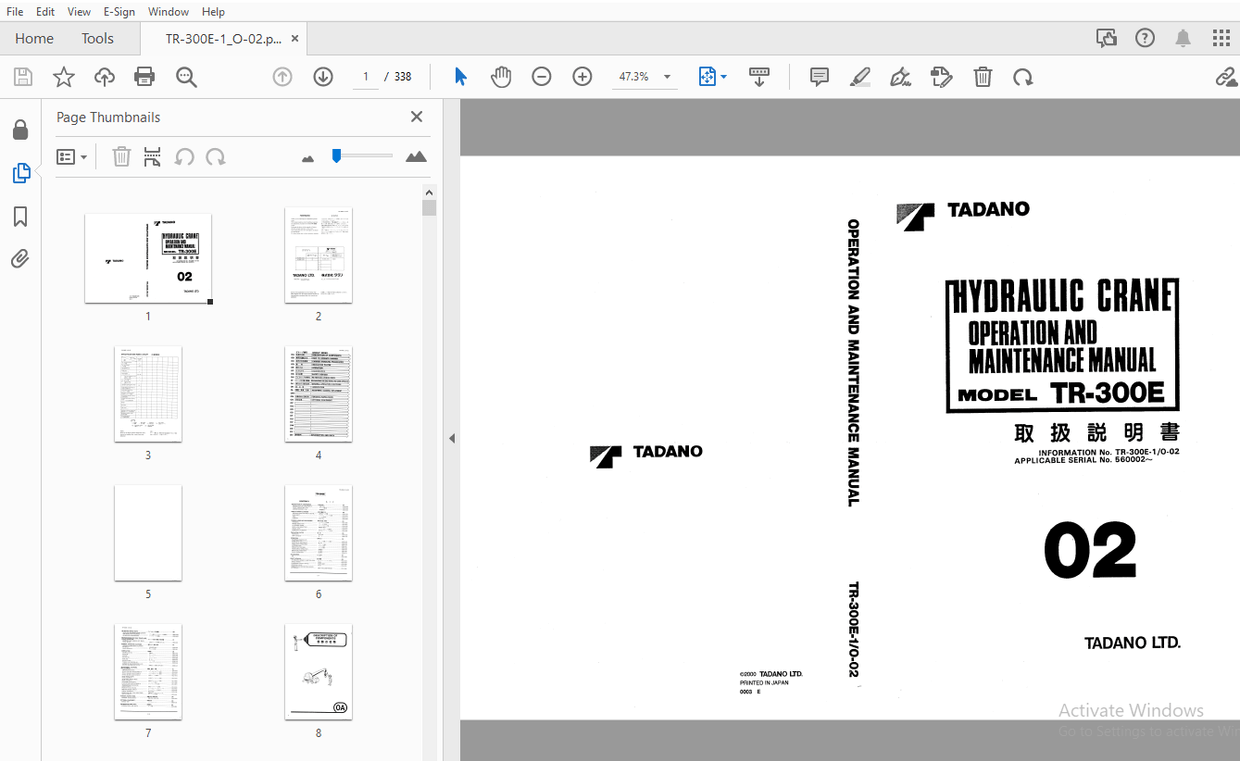 Tadano TR-300E Hydraulic Crane Operation & Maintenance Manual 560002 – PDF