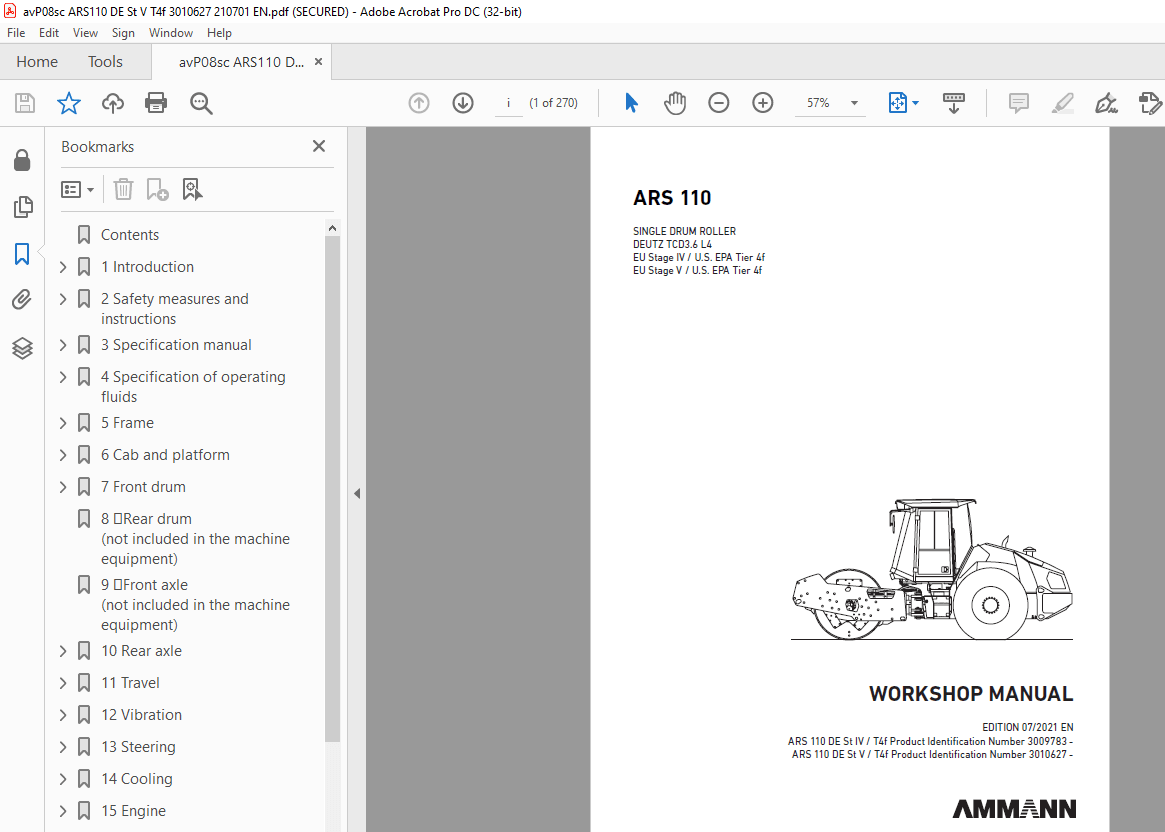 Ammann ARS 110 Single Drum Roller Workshop Manual PDF