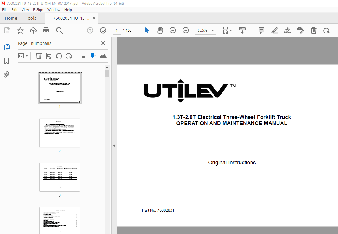 UTILEV 1.3T 2.0T Electrical Three Wheel Forklift Truck Operation Manual ...