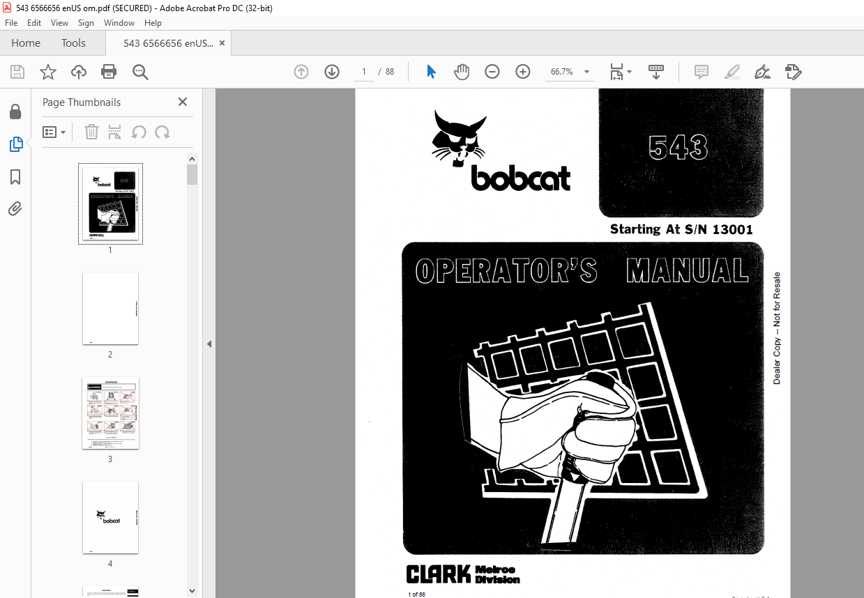 Bobcat 543 Loader Operator's Manual SN 13001 - PDF DOWNLOAD