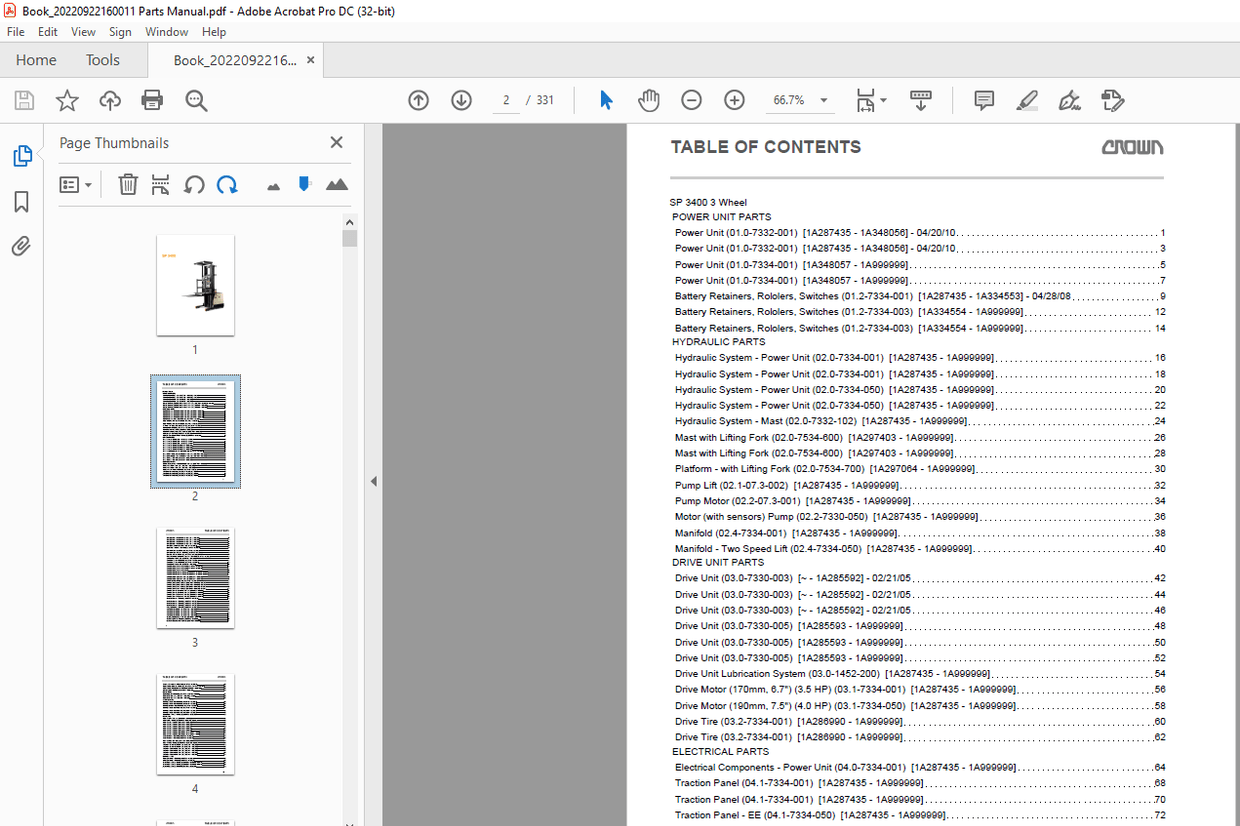 Crown Forklift SP 3400 3 Wheel Parts Manual - PDF DOWNLOAD