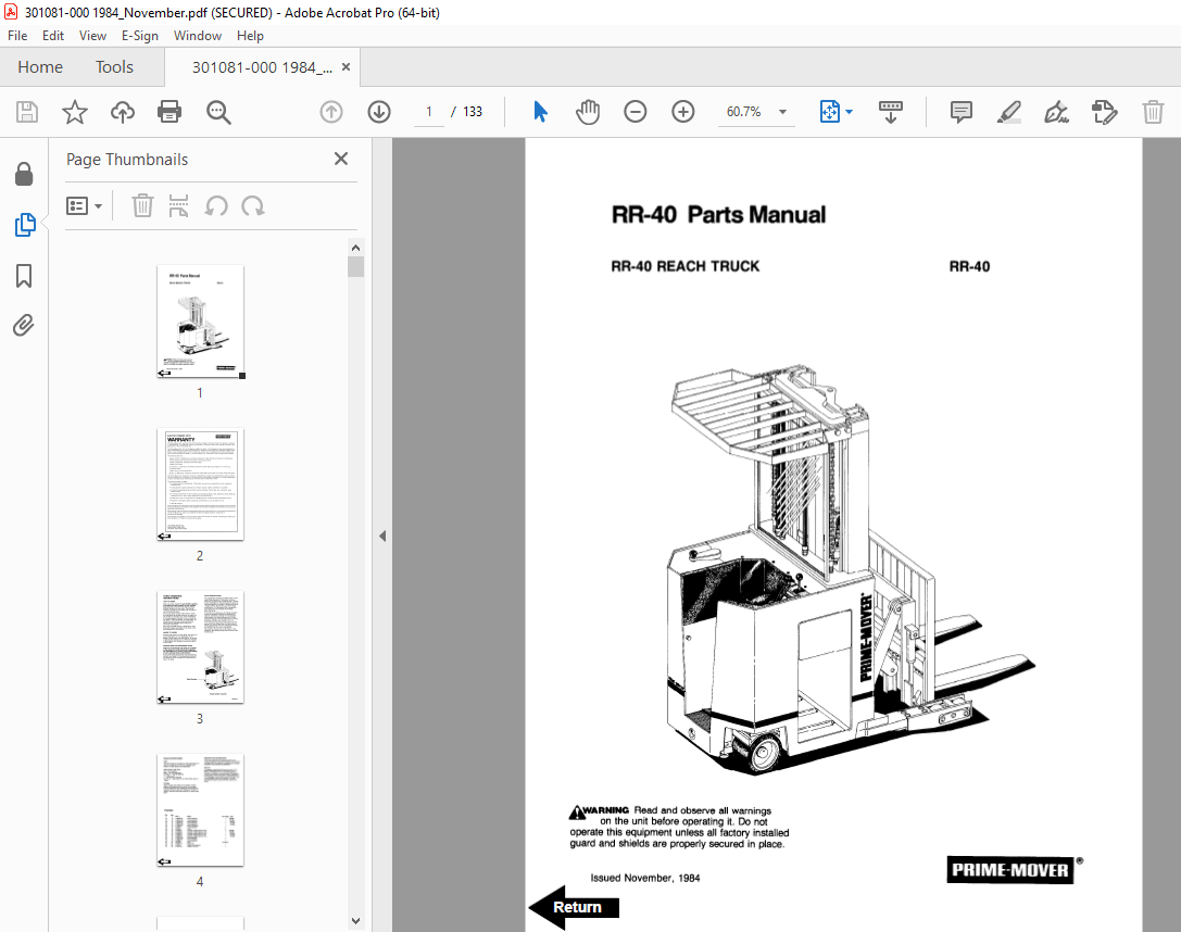 BT Prime-Mover RR-40 Reach Truck Parts Manual 301081-000 - PDF DOWNLOAD