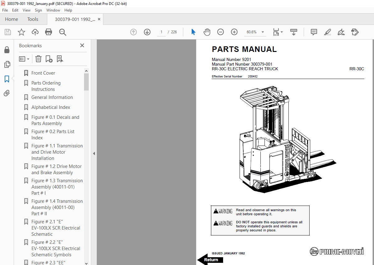 BT Prime-Mover Forklift RR-30C ELECTRIC REACH TRUCK PARTS MANUAL 9201 – PDF DOWNLOAD