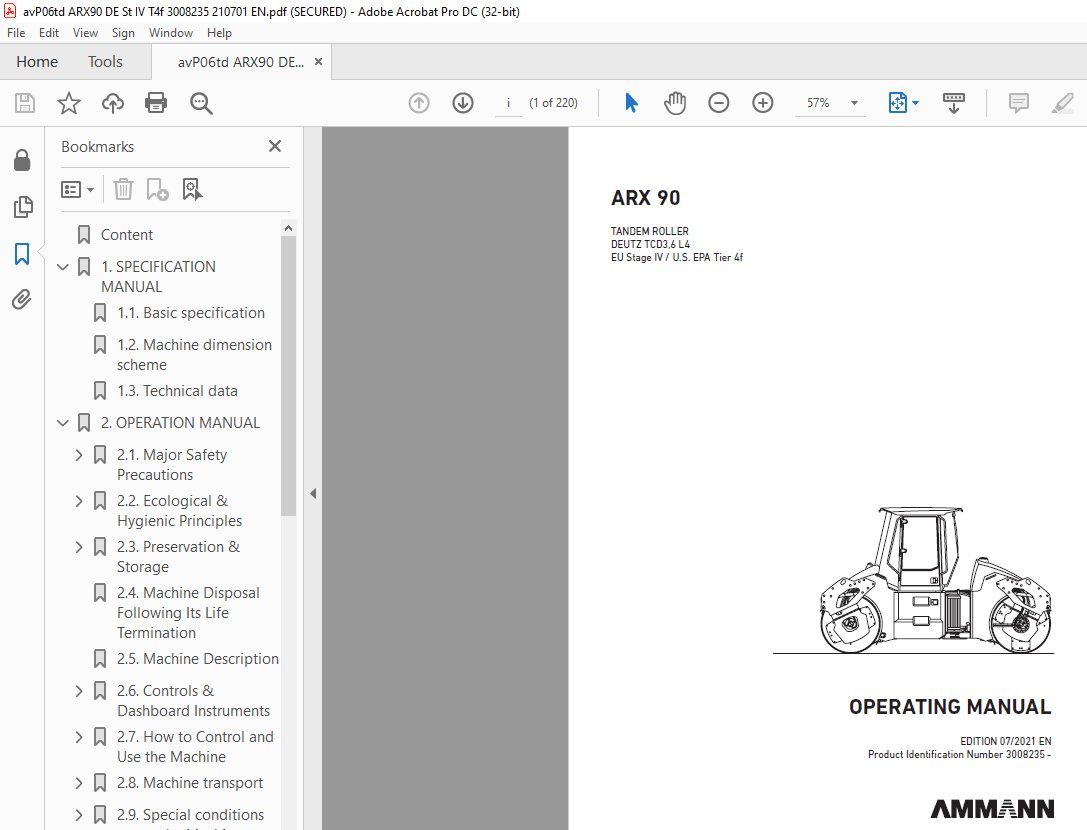Ammann ARX 90 Tandem Roller Operating Manual 3008235 PDF