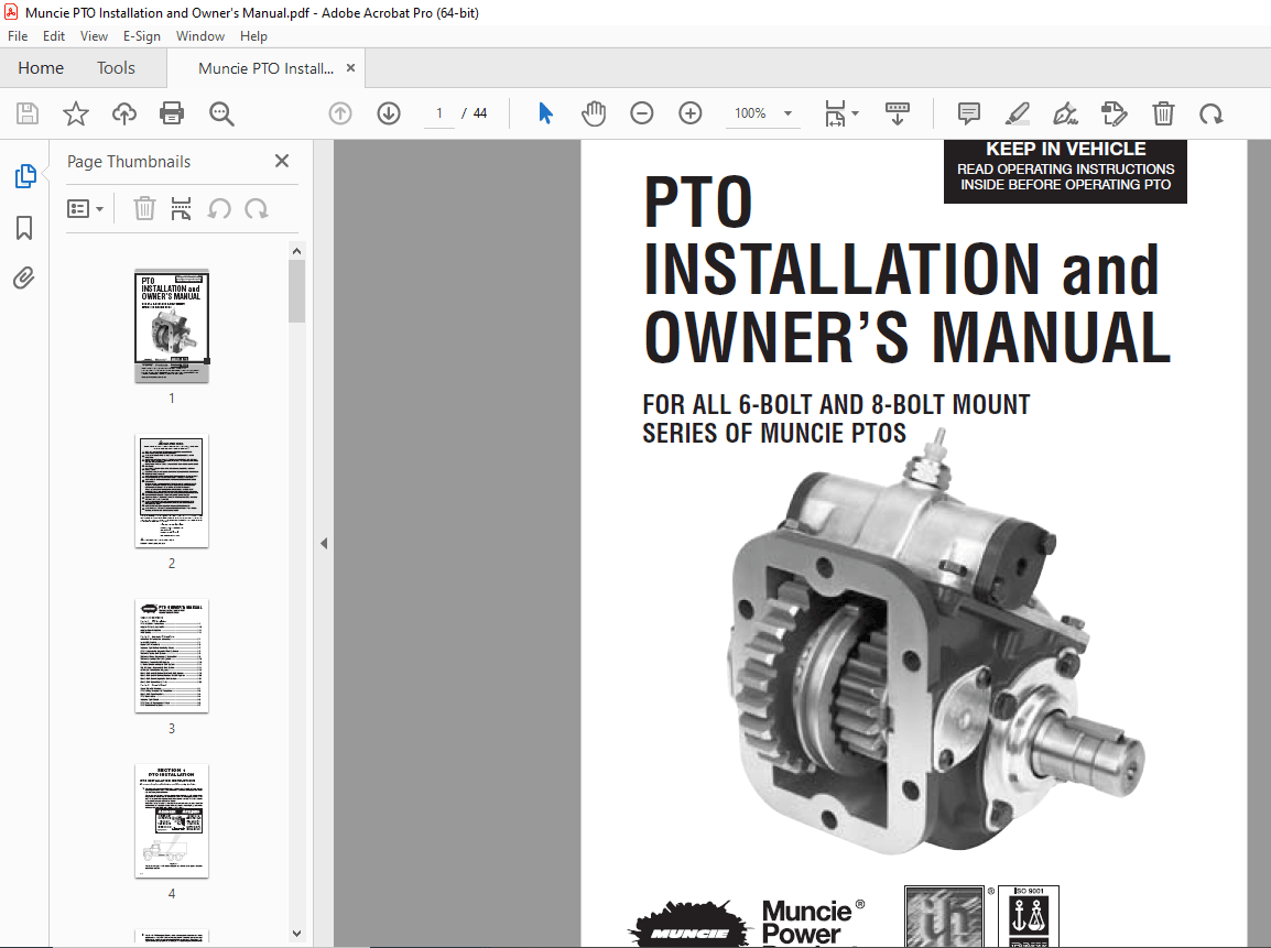 Muncie 6-bolt & 8-bolt mount series PTO Installation & Owner's Manual PDF