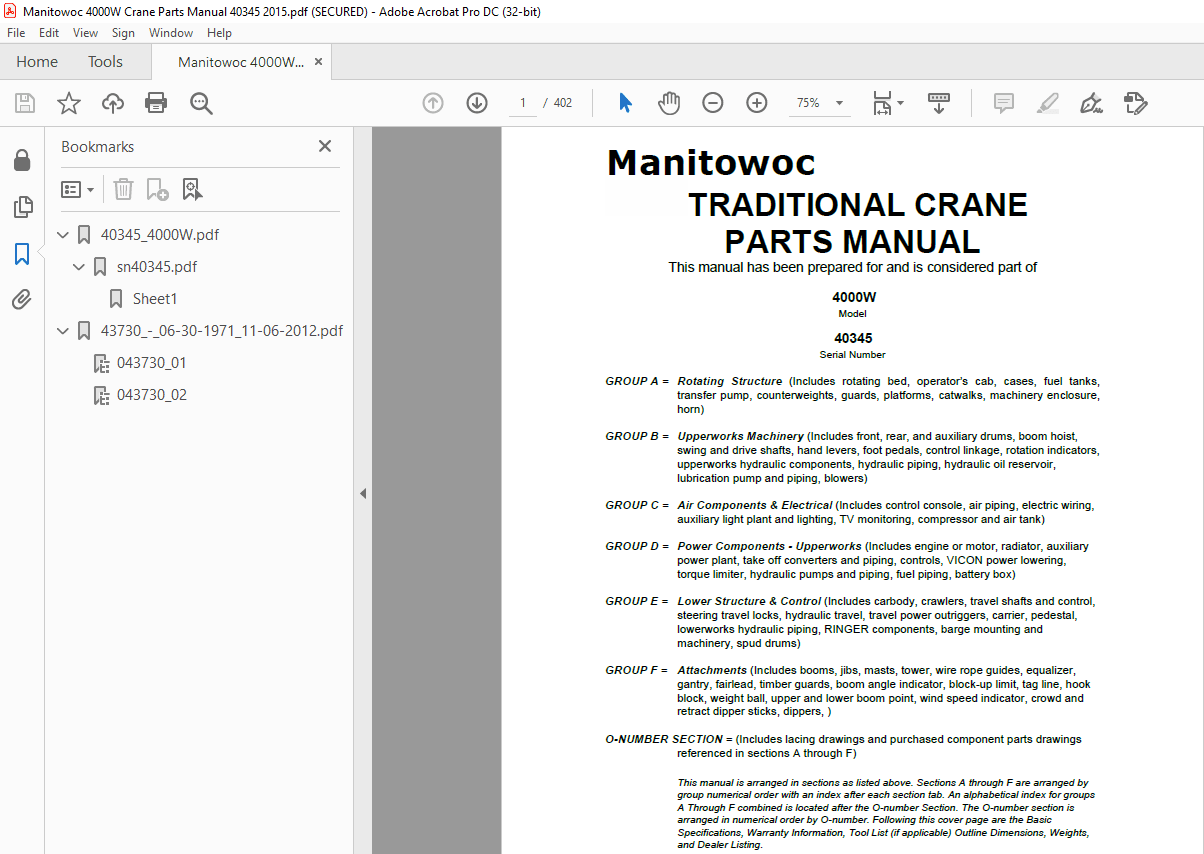 Manitowoc Traditional Crane 4000W Parts Manual SN 40345 - PDF