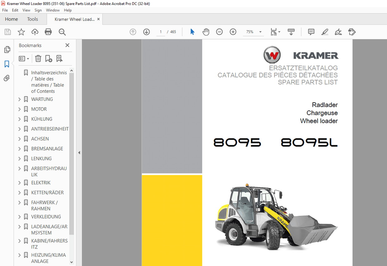 KRAMER Wheel loader 8095 8095L Spare Parts List Manual SN351060001 ...