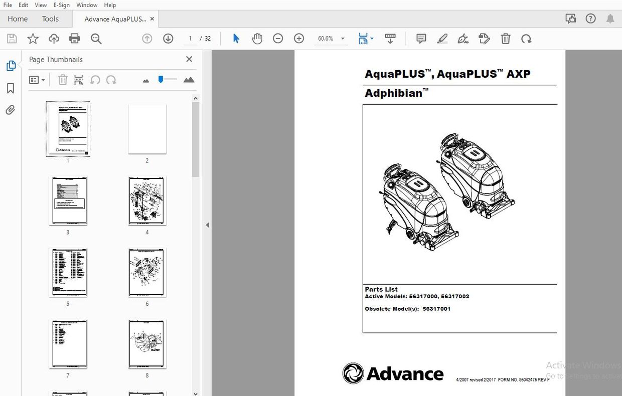 Advance AquaPLUS,AquaPLUS AXP Adphibian Parts Manual 56042476 REV F ...