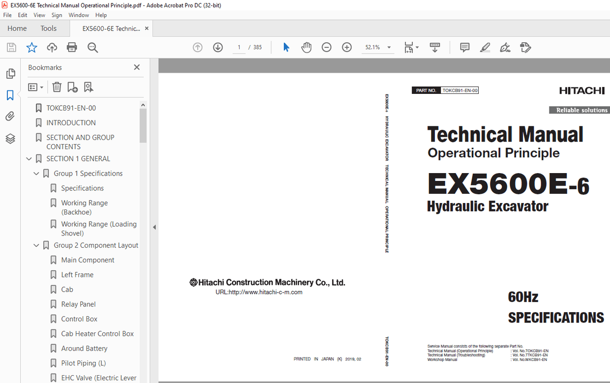 Hitachi EX5600E-6 Hydraulic Excavator Operational Technical Manual PN ...