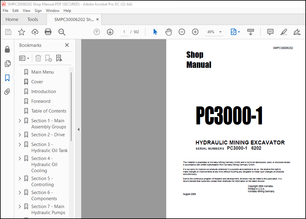 Komatsu PC3000-1 Hydraulic Mining Excavator Shop Manual SMPC30006202 ...