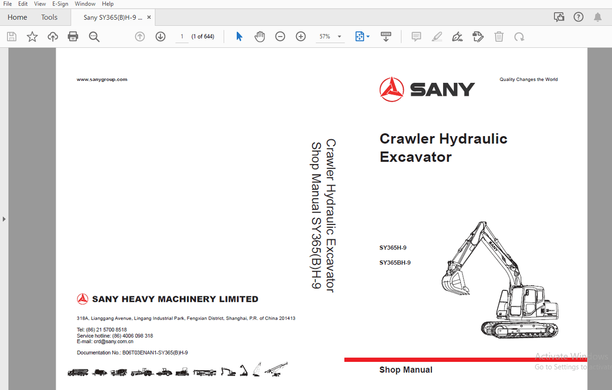Sany SY365(B)H-9 Crawler Hydraulic Excavator Service Manual – PDF DOWNLOAD