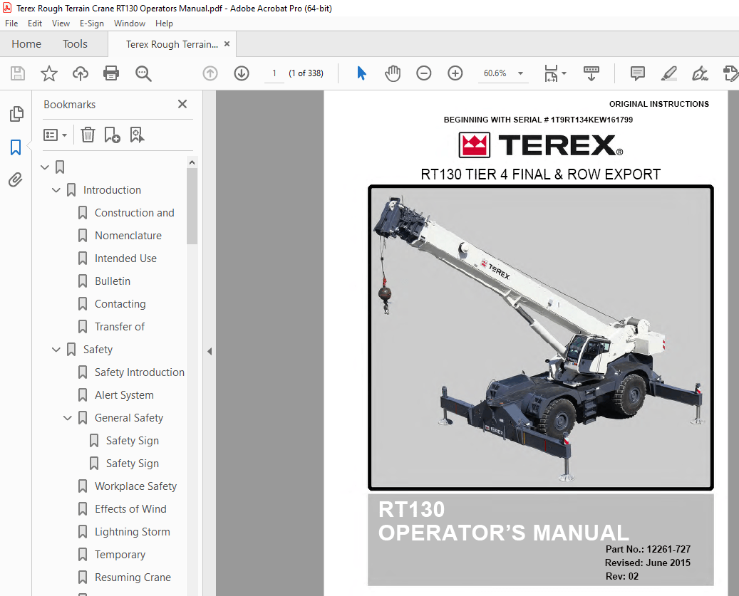Terex Crane RT130 TIER 4 FINAL & ROW EXPORT Operator’s Manual – PDF DOWNLOAD