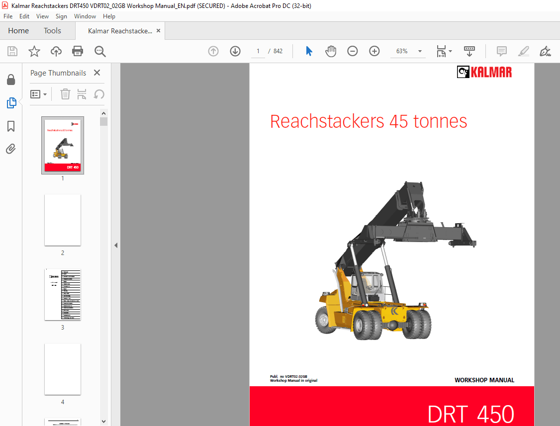 Kalmar DRT 450 Reachstackers 45 Tonnes Workshop Manual VDRT02.02GB ...