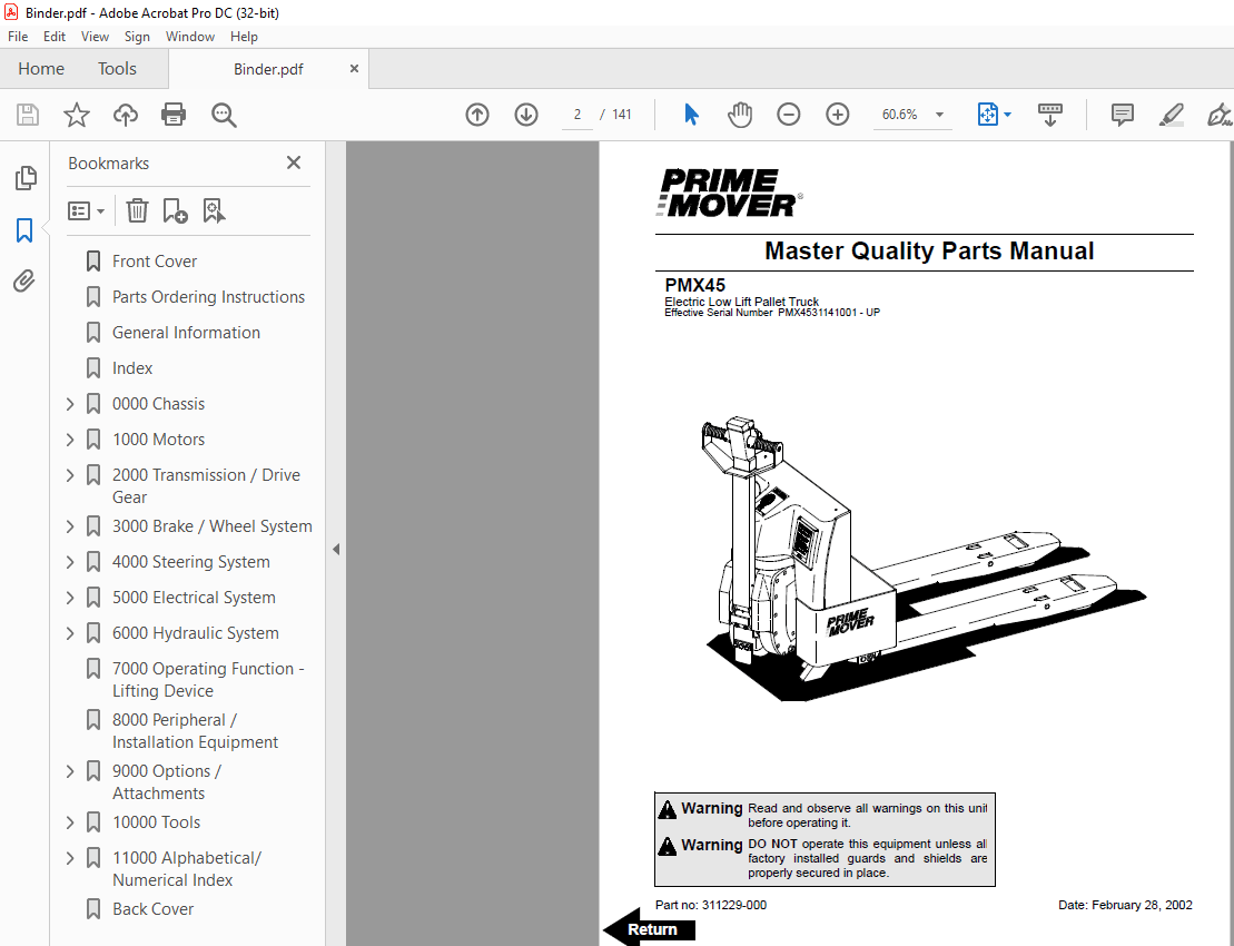 BT Prime-Mover PMX45 Electric Low Lift Pallet Truck Quality Parts Manual – PDF DOWNLOAD