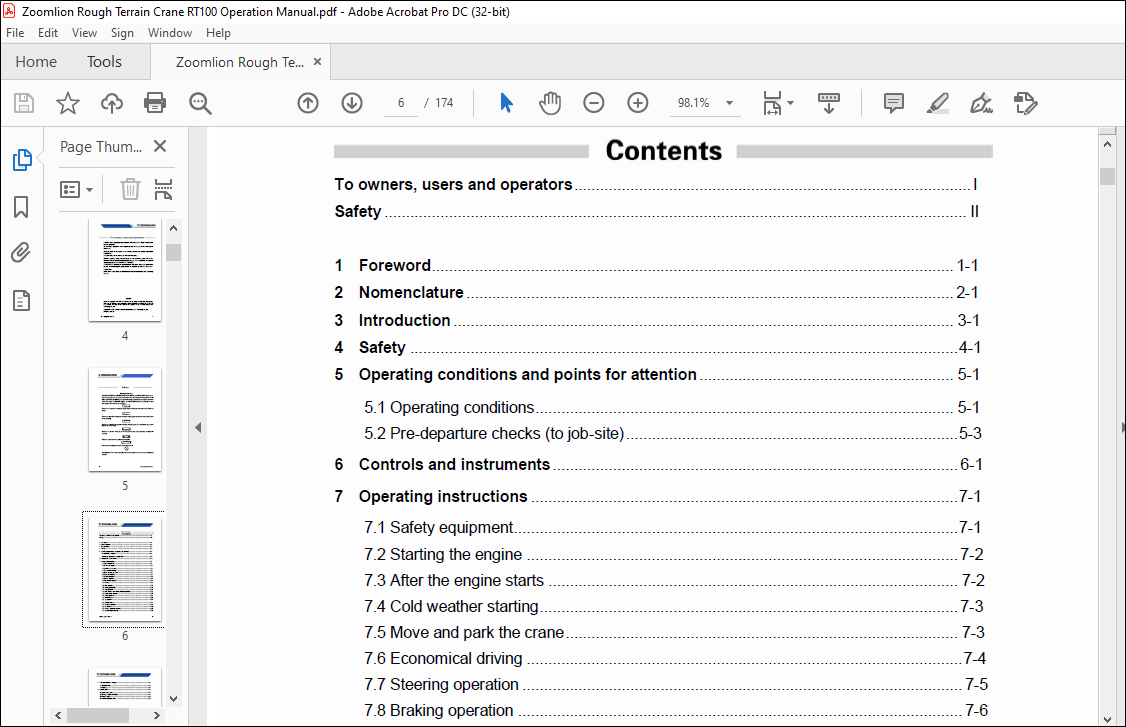 Zoomlion RT100 Rough Terrain Crane Operator’s Manual – PDF DOWNLOAD