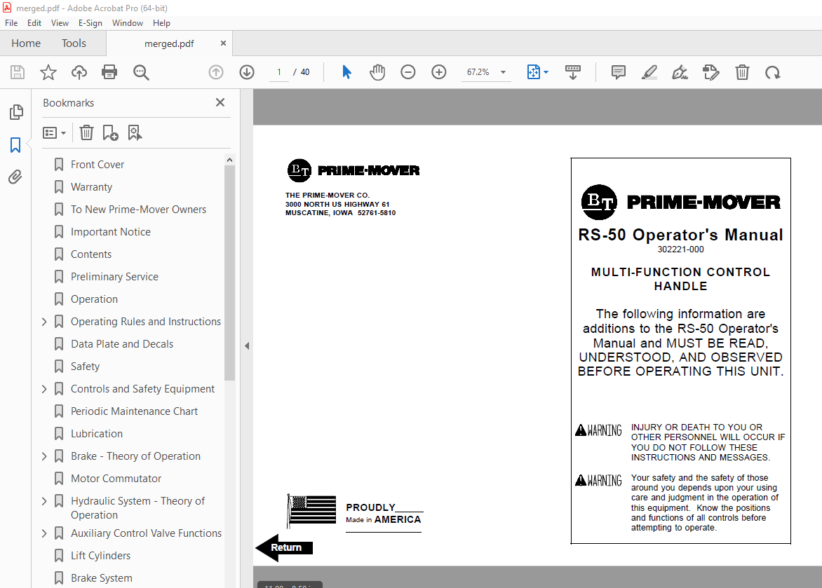 BT Prime-Mover RS-50 Straddle Truck Operator's Manual - PDF DOWNLOAD