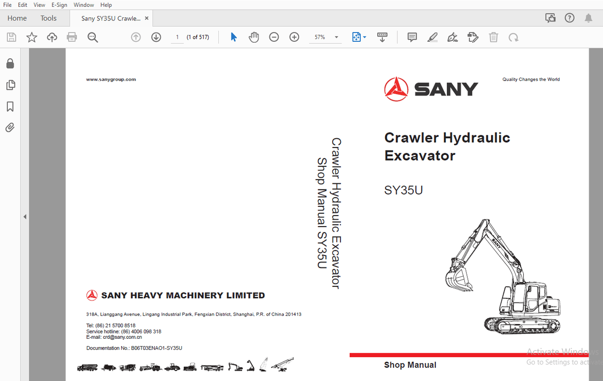 Sany SY35U Crawler Hydraulic Excavator Service Manual – PDF DOWNLOAD
