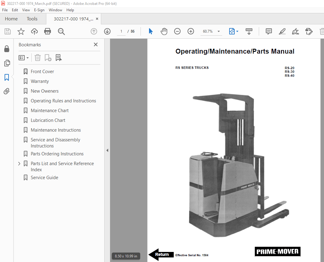 BT Prime-Mover RS Series Truck RS-20 RS-30 RS-40 Operating Maintenance ...