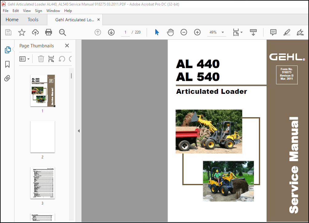 Gehl AL 440 AL 540 Articulated Loader Service Manual 918275 – PDF DOWNLOAD