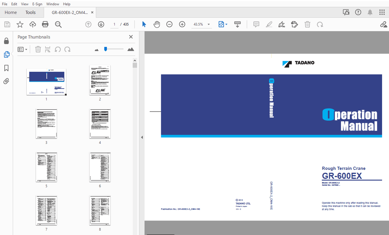Tadano GR-600EX Rough Terrain Crane Operation Manual – PDF
