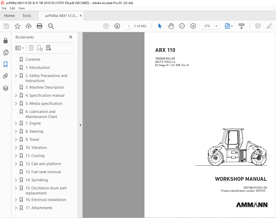 Ammann ARX 110 Tandem Roller Workshop Manual 3010129 - PDF
