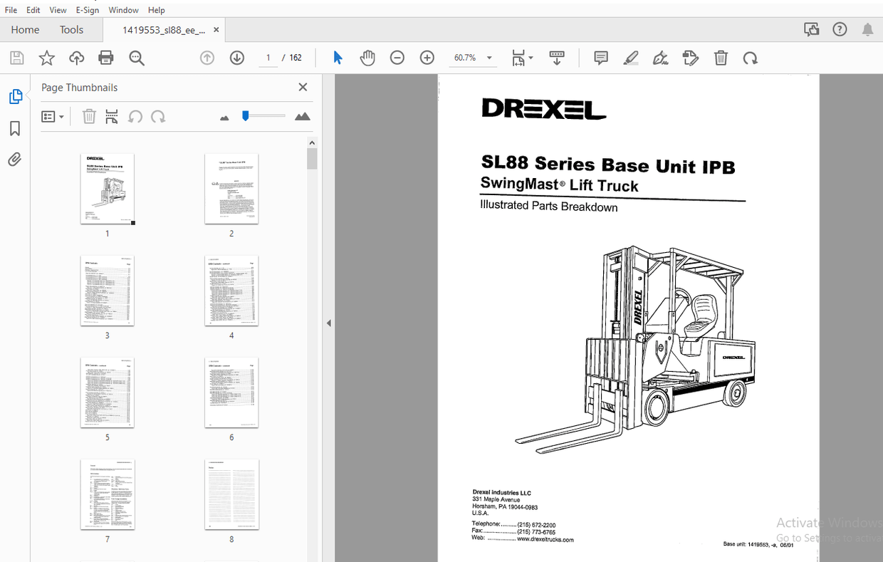 Drexel SL88 Series Base Unit IPB SwingMast Lift Truck Parts Manual 1419553 – PDF DOWNLOAD