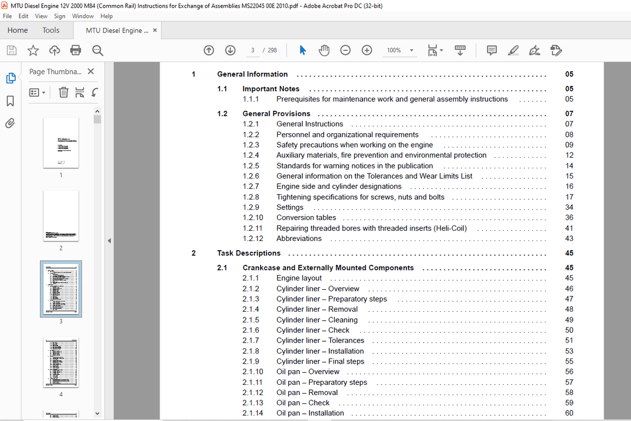 MTU Diesel Engine 12 V 2000 M84 16 V 2000 M84 12 V 2000 M94 16 V 2000 M94 Maintenance Manual PDF