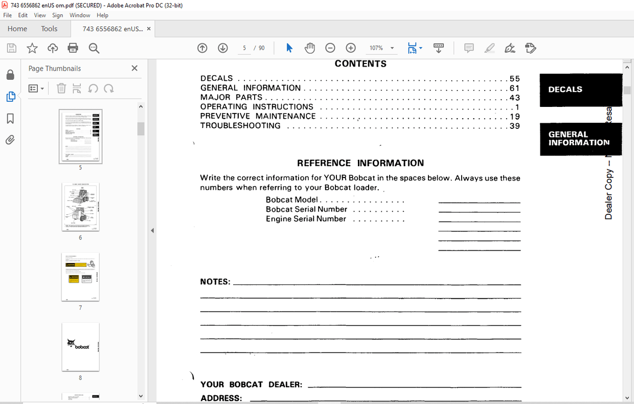 Bobcat 743 Loader Operation & Maintenance Manual SN 14999 & Below- PDF ...