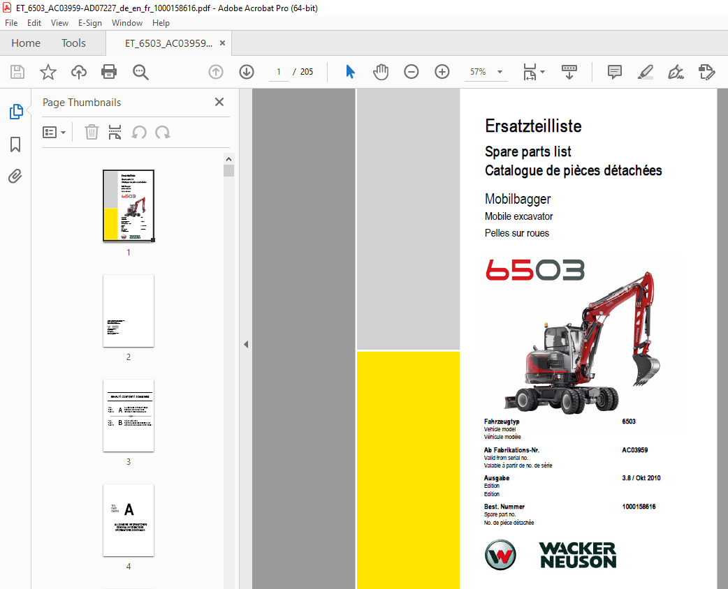 Wacker Neuson 6503 Mobile Excavator Parts Manual 1000158616 - PDF DOWNLOAD