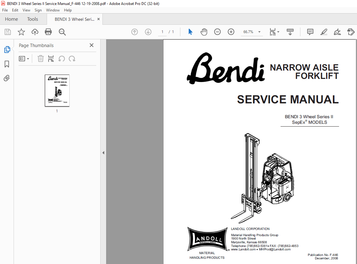 Bendi 3 Wheel Series II Narrow Aisle Forklift Service Manual – PDF DOWNLOAD