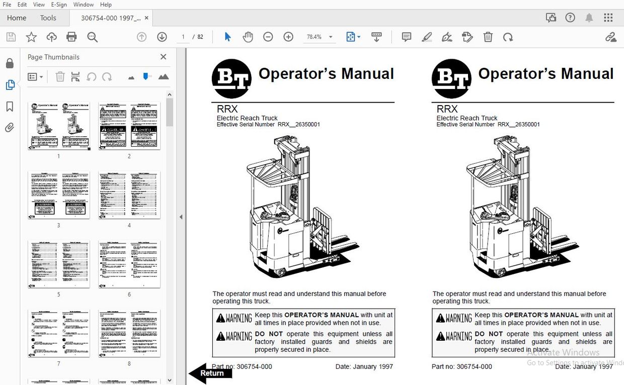 BT Forklift RRX Electric Reach Truck Operator's Manual 306754-000 - PDF ...