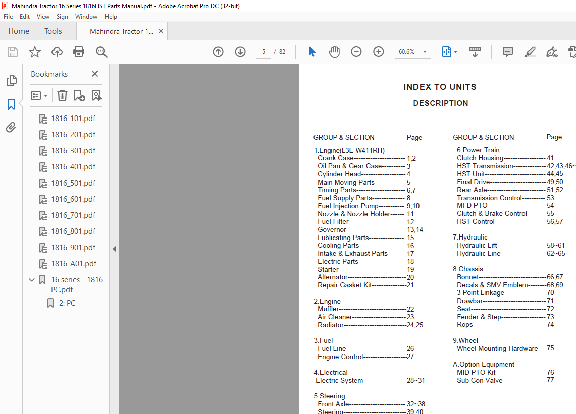 Mahindra Tractor ’16’ Series 1816 Gear & HST Parts Catalogue Manual – PDF DOWNLOAD