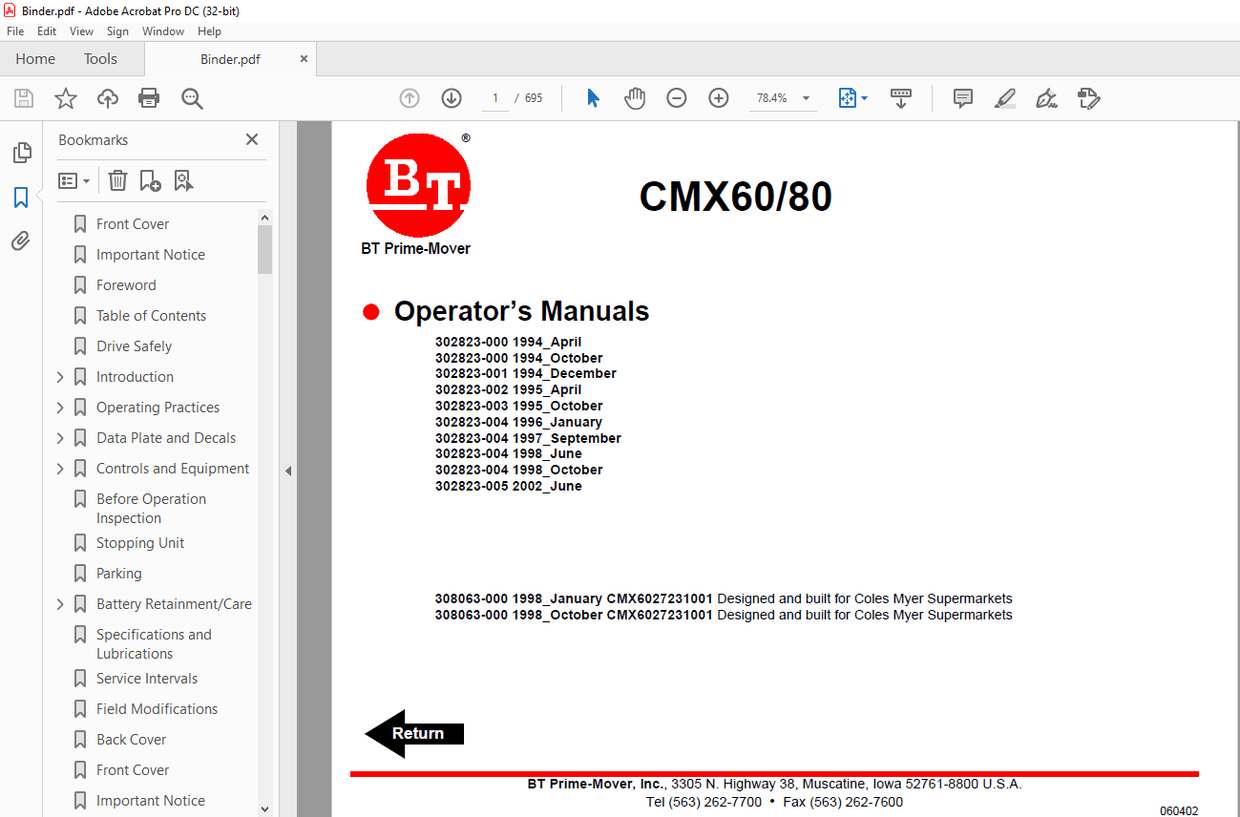 BT Forklift CMX6080 Operator Manuals – PDF DOWNLOAD