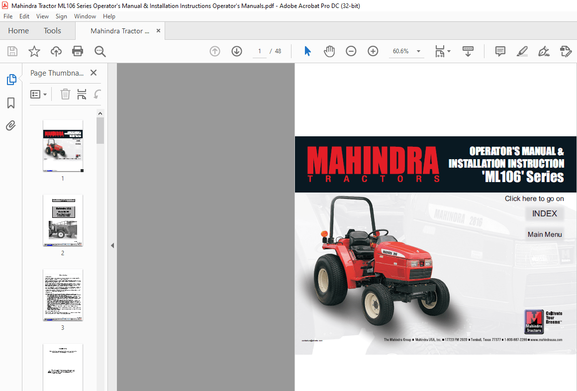 Mahindra Tractor ‘ML106’ Series INSTALLATION INSTRUCTION Operator’s Manual – PDF DOWNLOAD