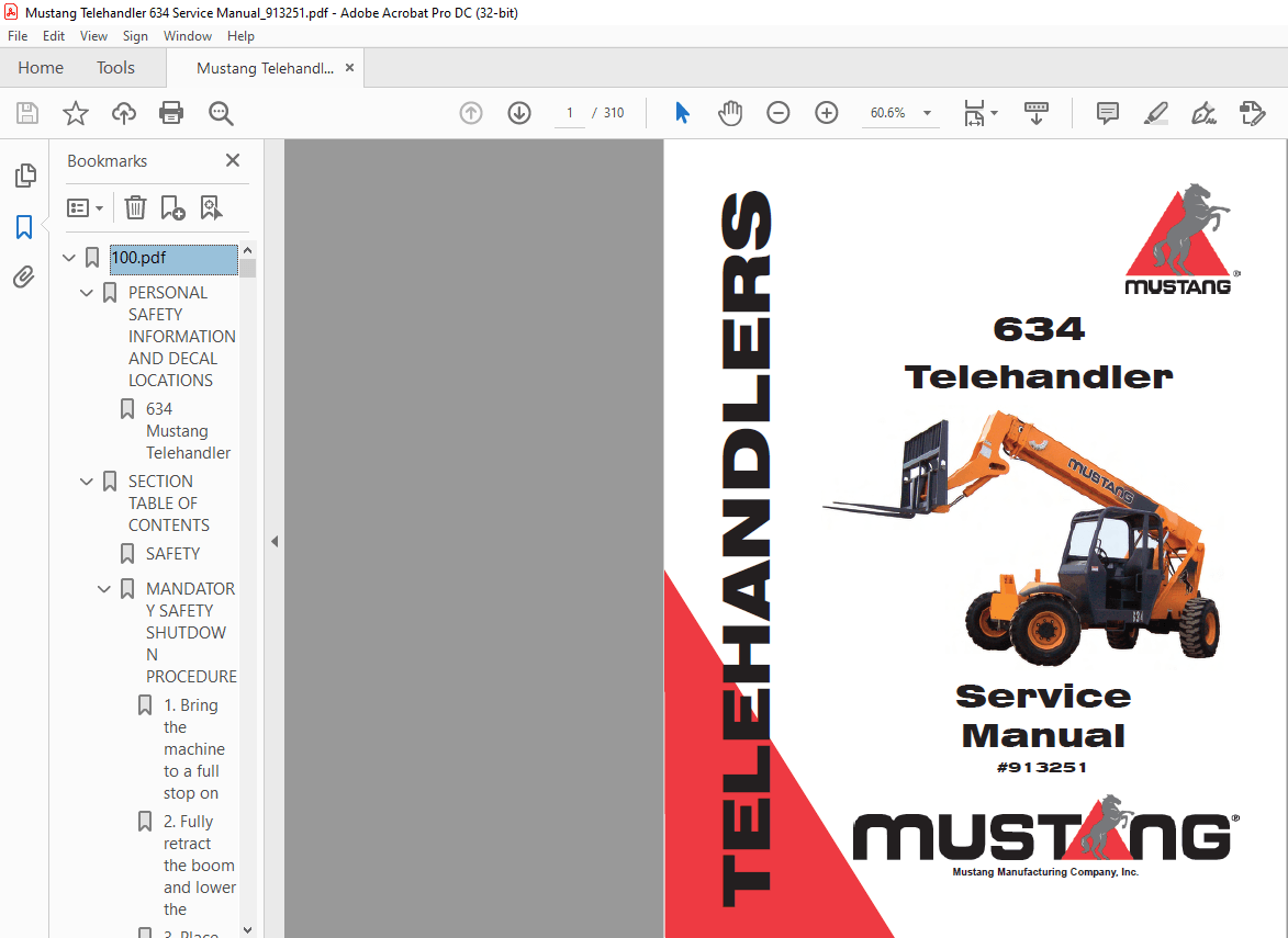 Mustang Telehandler 634 Service Manual (913251) – PDF DOWNLOAD