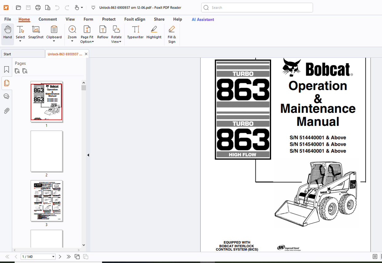 Bobcat 863 Turbo High Flow Operation & Maintenance Manual - PDF DOWNLOAD