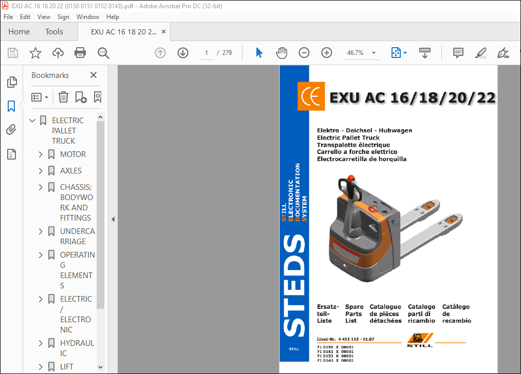 STILL EXU AC 16 18 20 ELECTRIC PALLET TRUCK Spare Parts Catalogue ...
