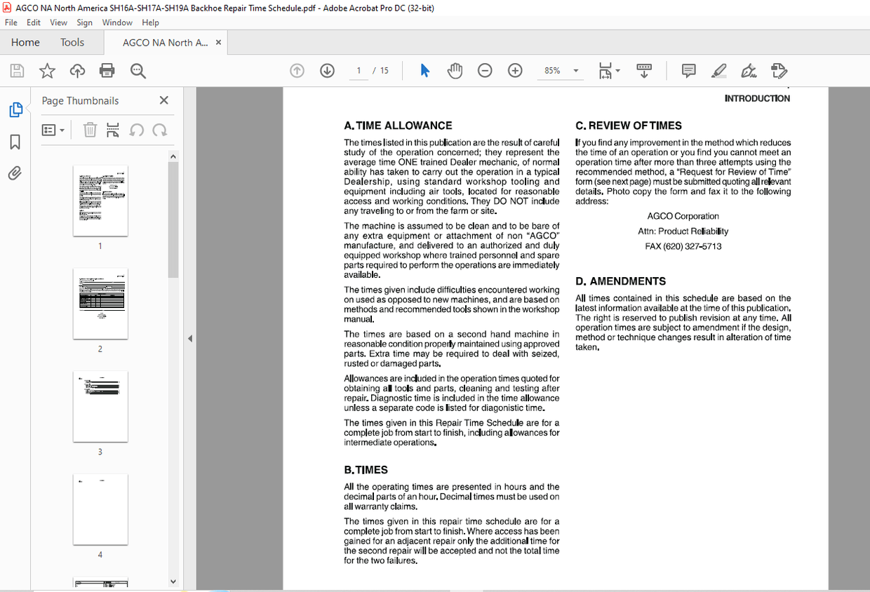 AGCO NA SH16A-SH17A-SH19A Backhoe Repair Time Schedule Manual – PDF ...