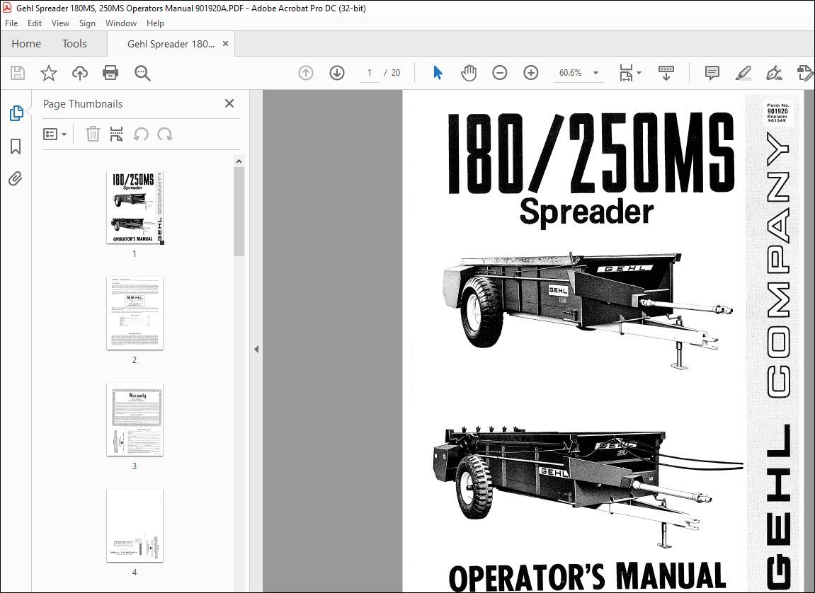 Gehl Spreader 180MS, 250MS Operators Manual 901920A – PDF DOWNLOAD