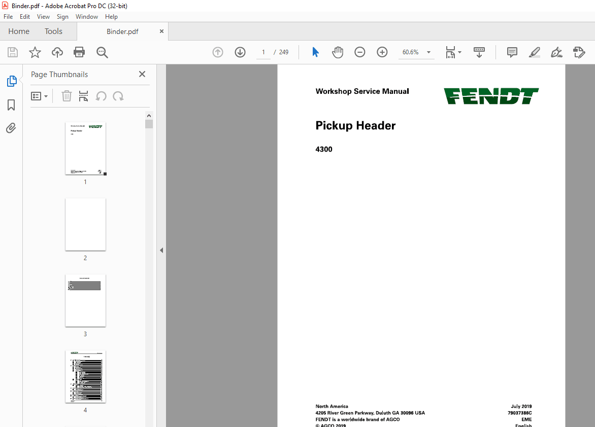FENDT 4300 TRACTOR Pickup Header Workshop Service Manual