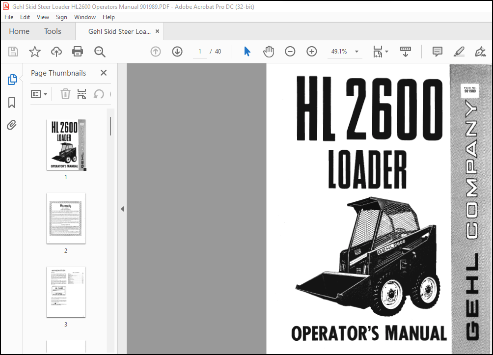 Gehl Skid Steer Loader HL2600 Operators Manual 901989 – PDF DOWNLOAD