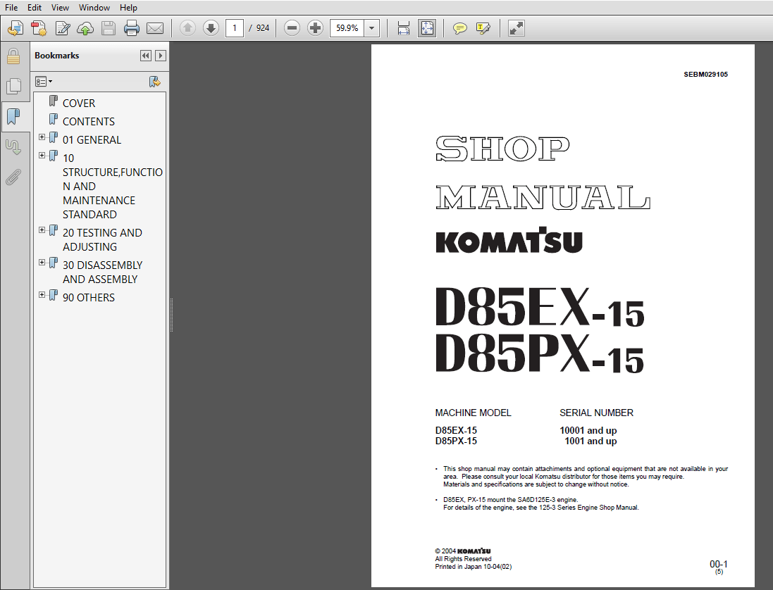 Komatsu D85EX-15, D85PX-15 Bulldozer Shop Manual - PDF DOWNLOAD