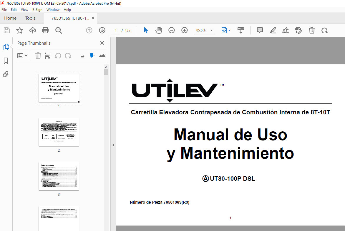UTILEV UT80-100P DSL Carretilla Elevadora Interna de 8T-10T Manual de Uso - PDF