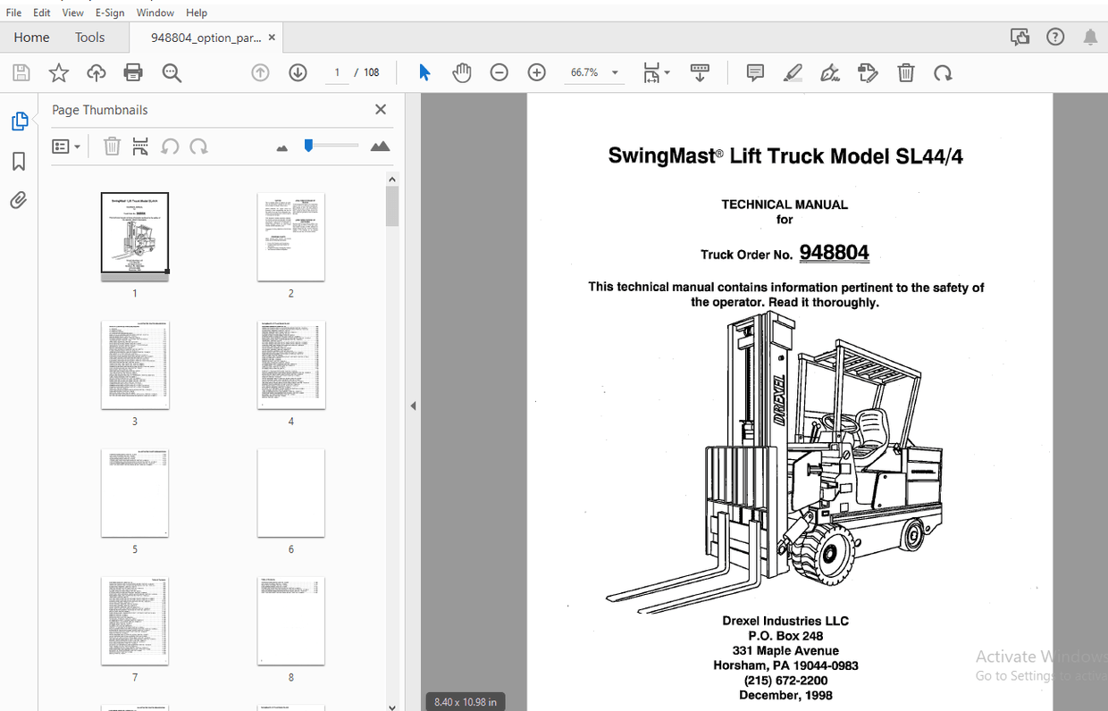 Drexel SL44/4 SwingMast Lift Truck Technical Manual 948804 - PDF DOWNLOAD